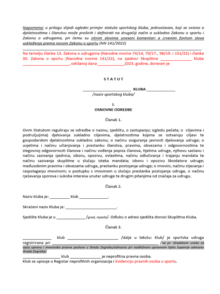 Statut Sportskog Kluba - Ogledni Primjer Usklađen Sa Zakonom o Sportu (NN 141-2022) | PDF