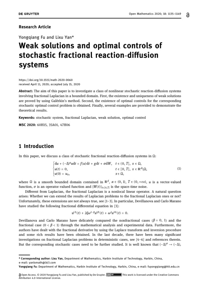 Open Mathematics Weak Solutions And Optimal Controls Of Stochastic Fractional Reaction