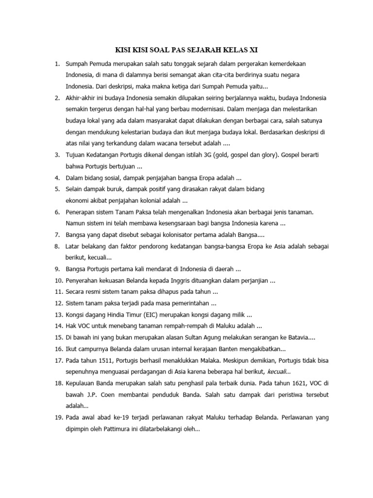 Kisi Kisi Soal Pas Sejarah Kelas Xi | PDF