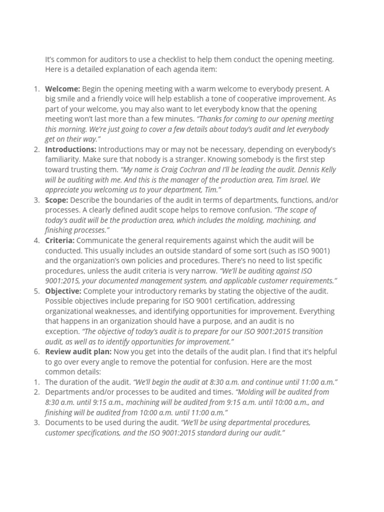 Audit Opening Meeting Guidelines | PDF | Audit | Iso 9000