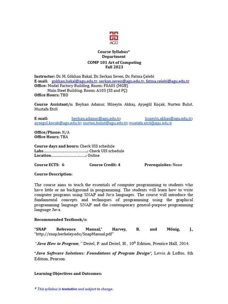 COMP 101 Fall 2023 - Syllabus | PDF | Control Flow | Plagiarism