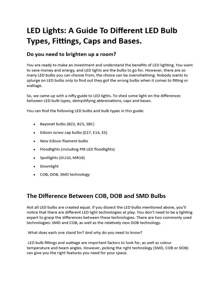 LED Lights A Guide To Different LED Bulb Types, Fittings, Caps and ...