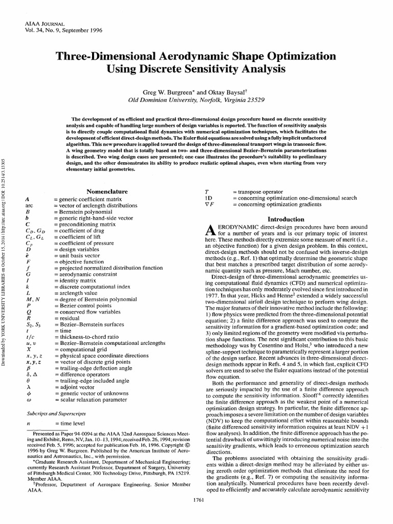 Three-Dimensional Aerodynamic Shape Optimization Using Discrete Sensitivity Analysis | PDF ...