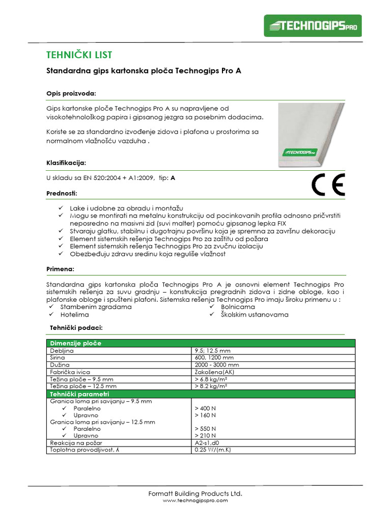 Gipsane Ploce Technogips PRO A Tehnicki List | PDF