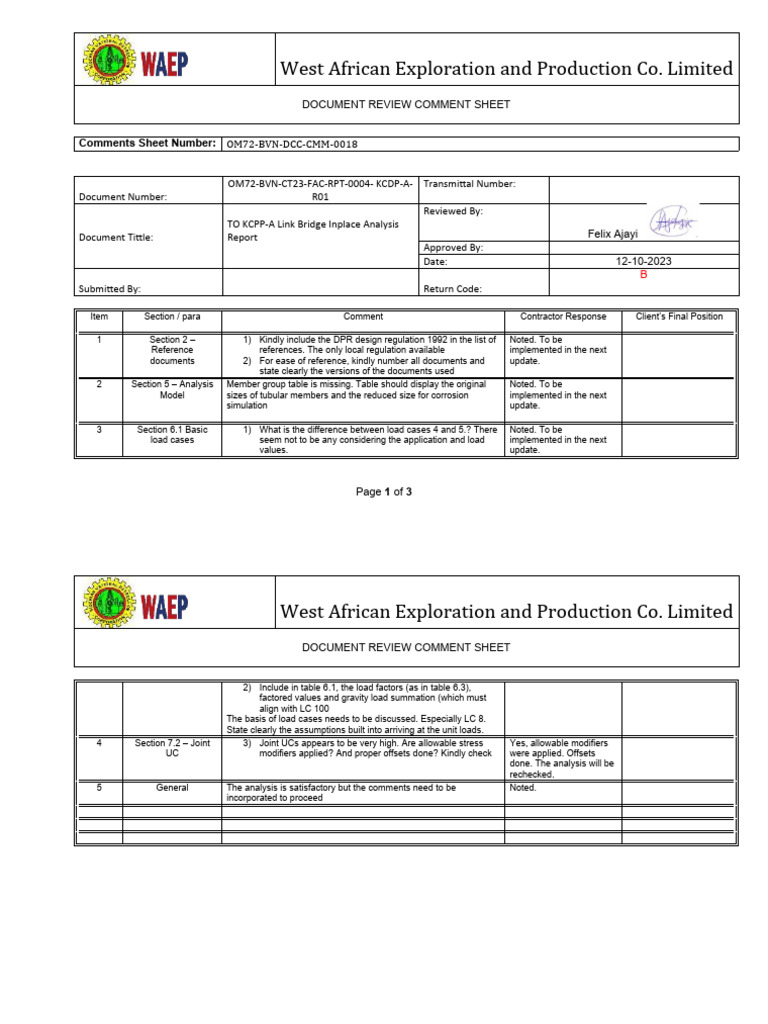 OM72-BVN-CT23-FAC-RPT-0004 - KCDP-A TO KCPP-A Link Bridge Inplace Analysis Report-R01 - Comment ...