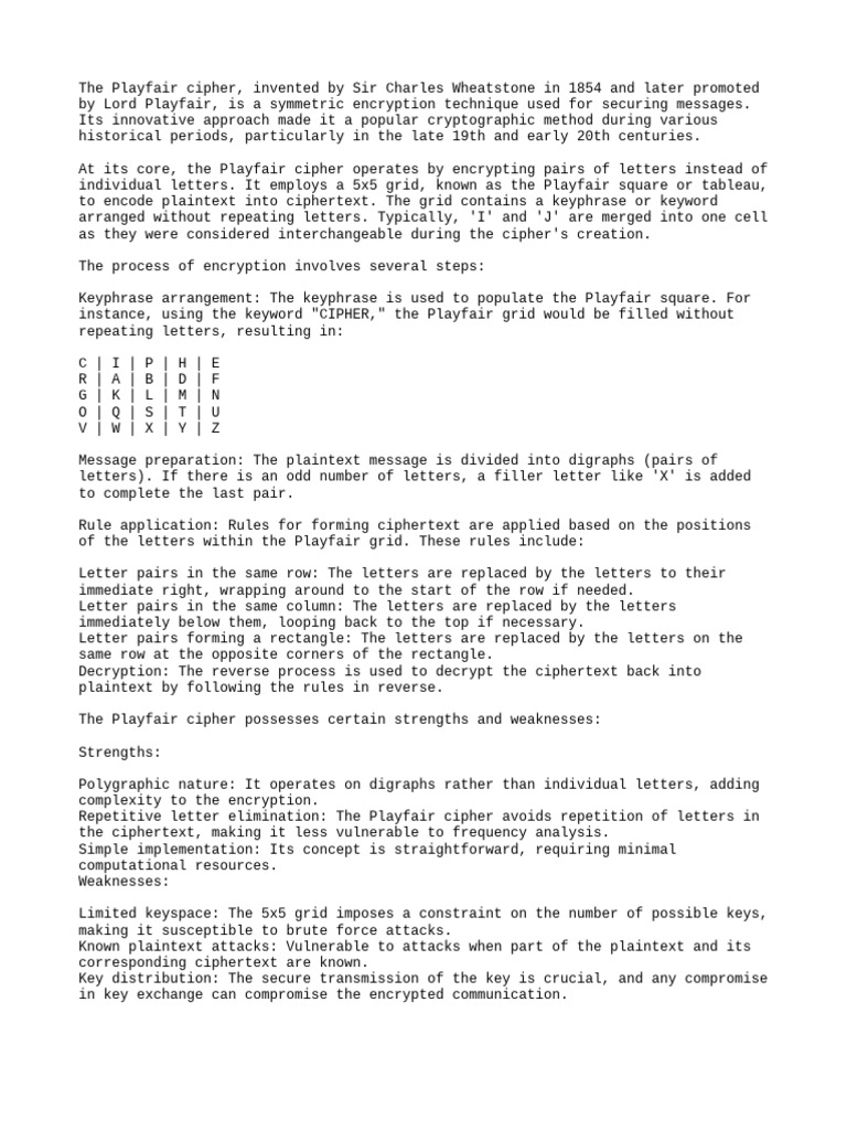 Playfair Cipher | PDF | Encryption | Cryptography