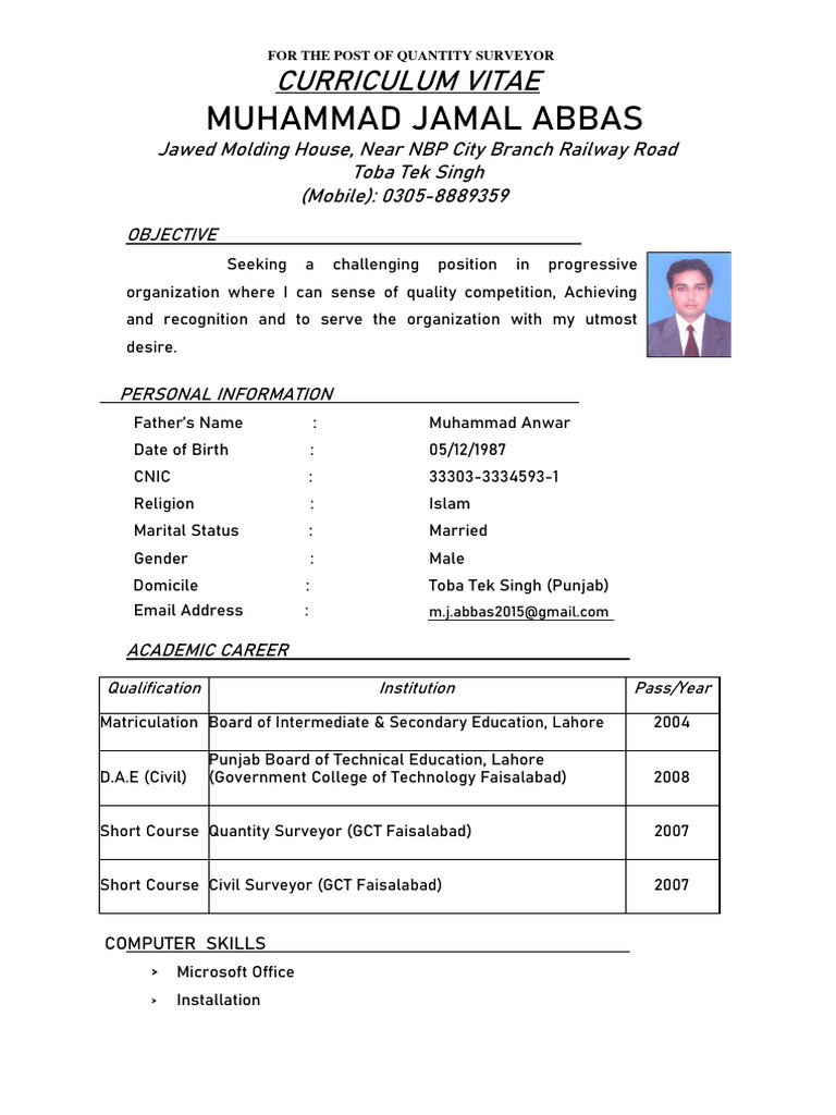 Muhammad Jamal Abbas CV | PDF | Civil Engineering