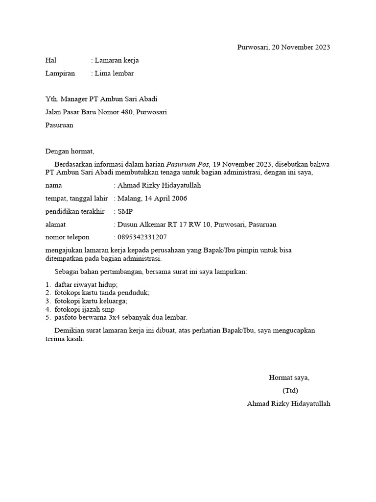 Lamaran Kerja Administrasi Ahmad Rizky | PDF