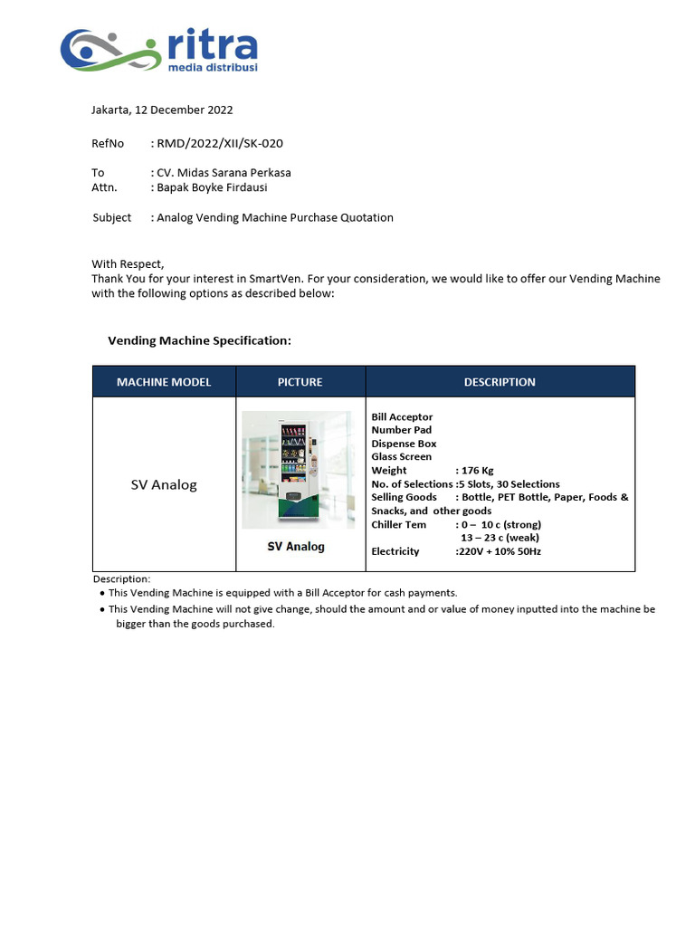 Penawaran Analog Vending Machine Smartven Cv Midas Sarana Perkasa