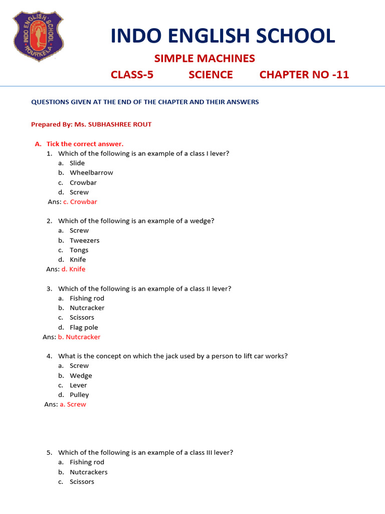 Class 5 Science Chapter 11 Simple Machines Ms. Subhashree Rout | PDF | Machines | Screw