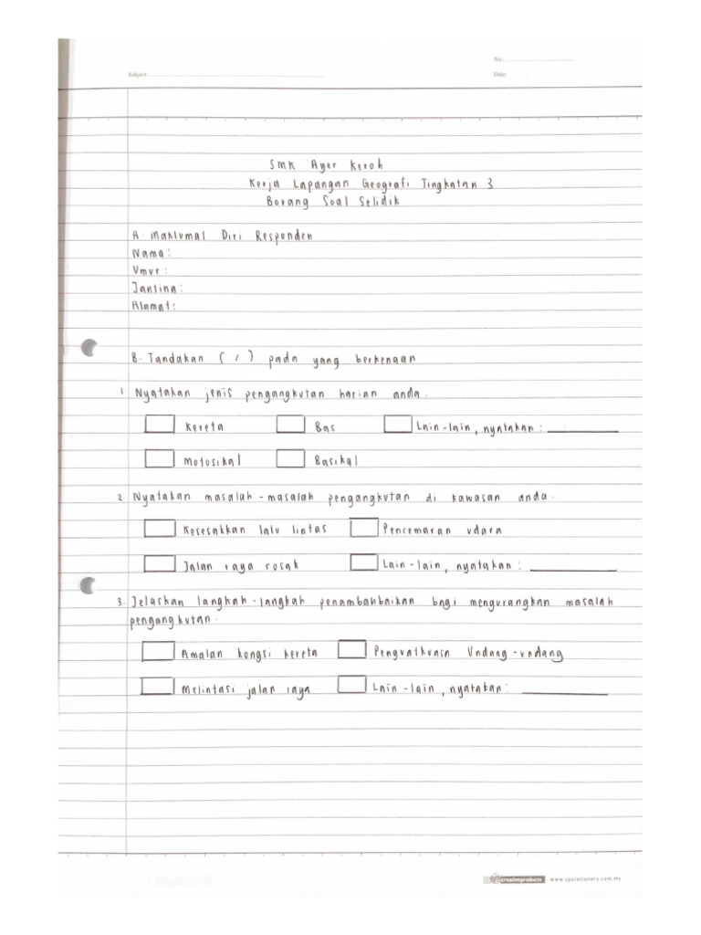 Kerja Lapangan Geografi Tingkatan 3 | PDF