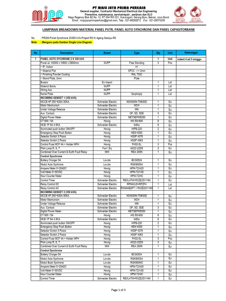 183 Lampiran Spek Panel TR | PDF | Switch | Fuse (Electrical)