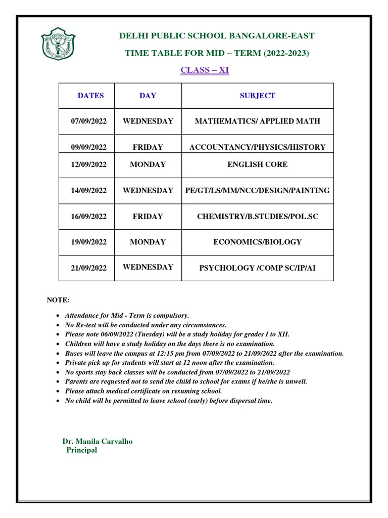 DPS Bangalore East Class XI Mid-Term Timetable | PDF