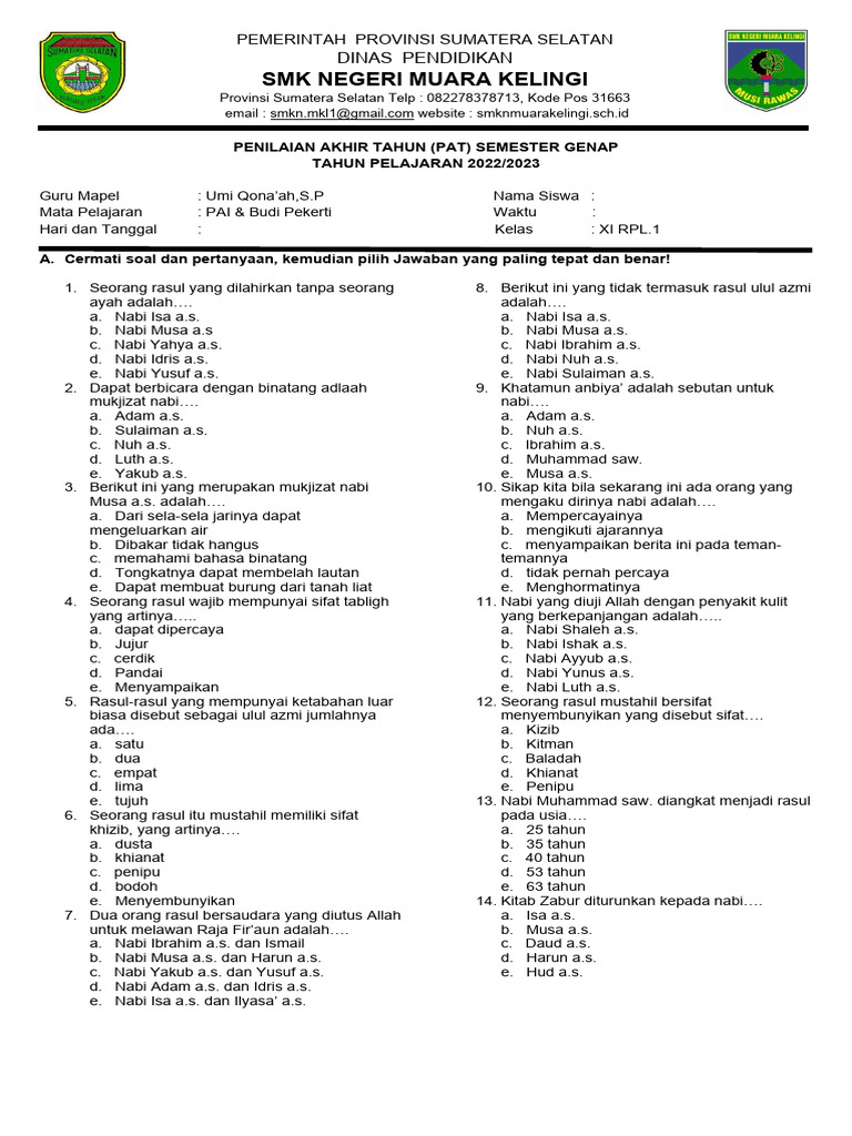 Soal PAT PAI Kelas Xi 2023 | PDF