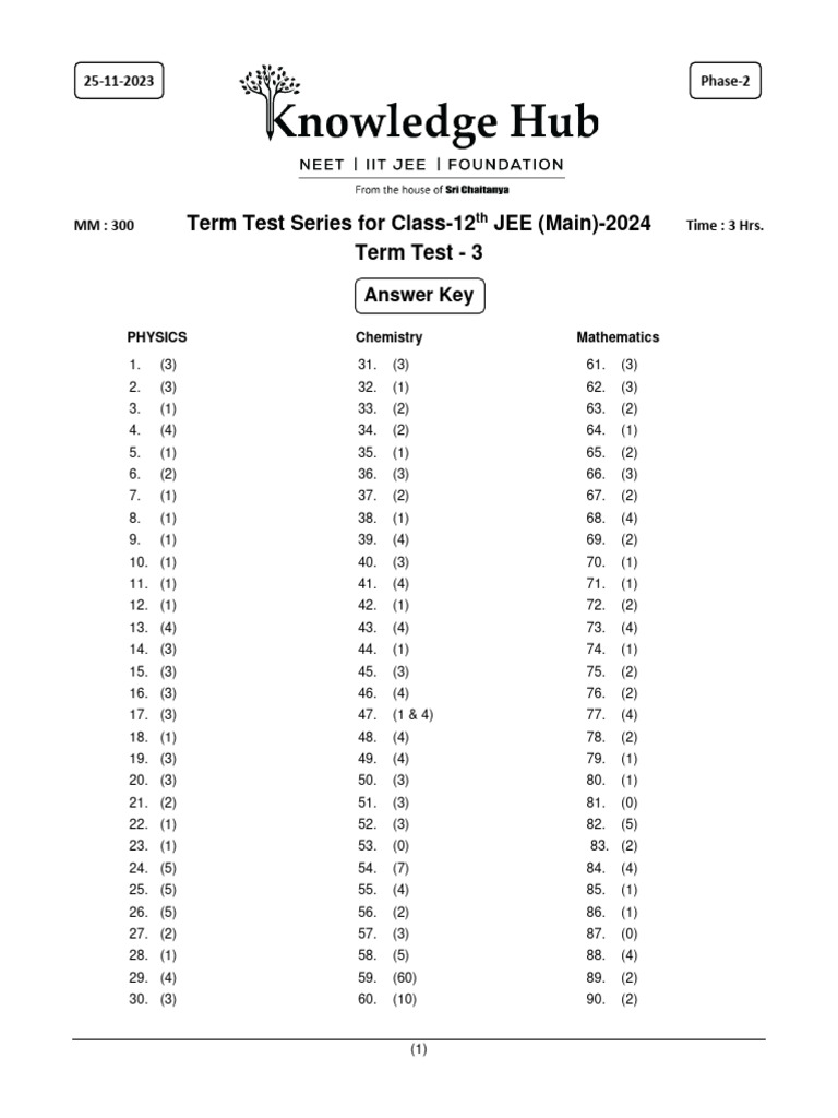 Term Test For Class-12th JEE (Main) - 2024 - Term Test-3 - Key&Sol - 25 ...