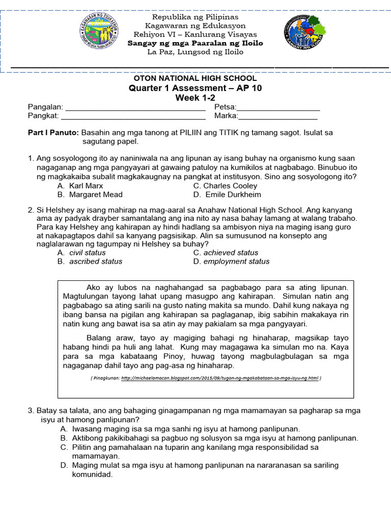 AP10 Q1 Week 1 2 Assessment | PDF