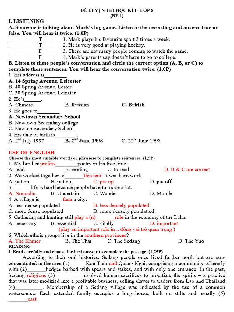 ĐỀ LUYỆN THI HKI - ANH 8 | PDF | Language Arts & Discipline | Foreign Language Studies