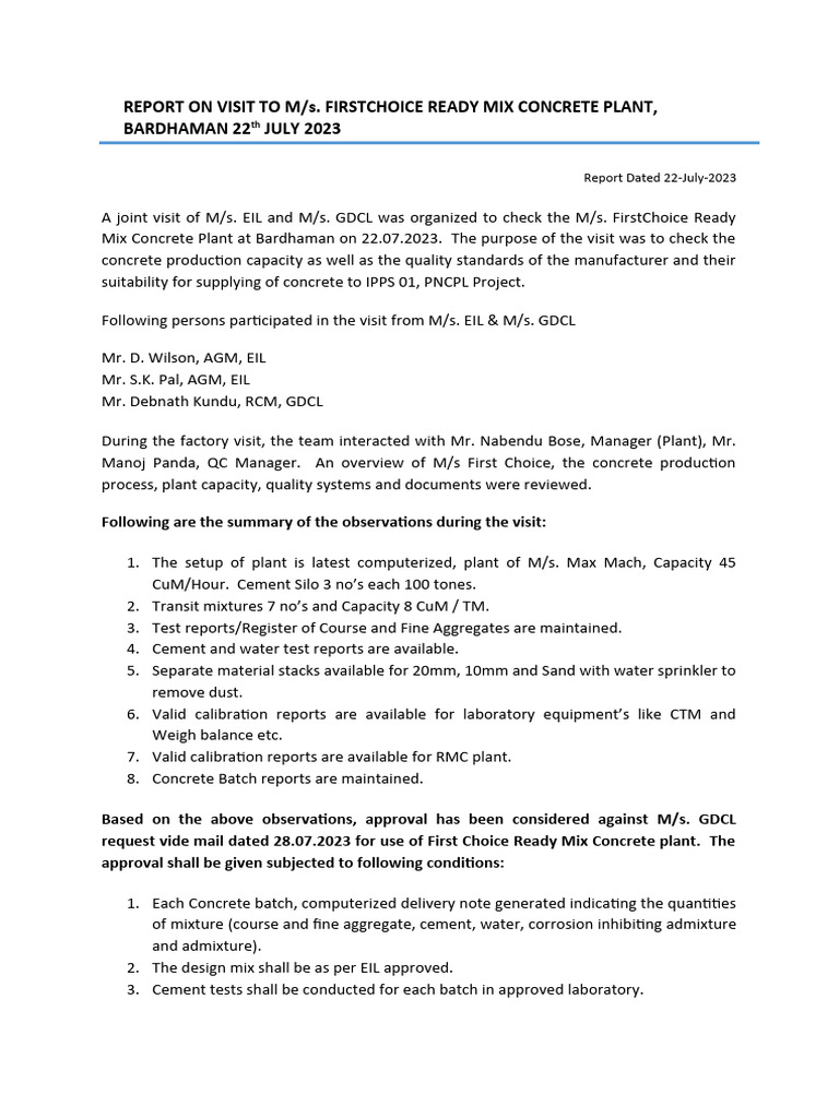 Approval of RMC Batching Plant For Taking Concrete For Various Projects ...
