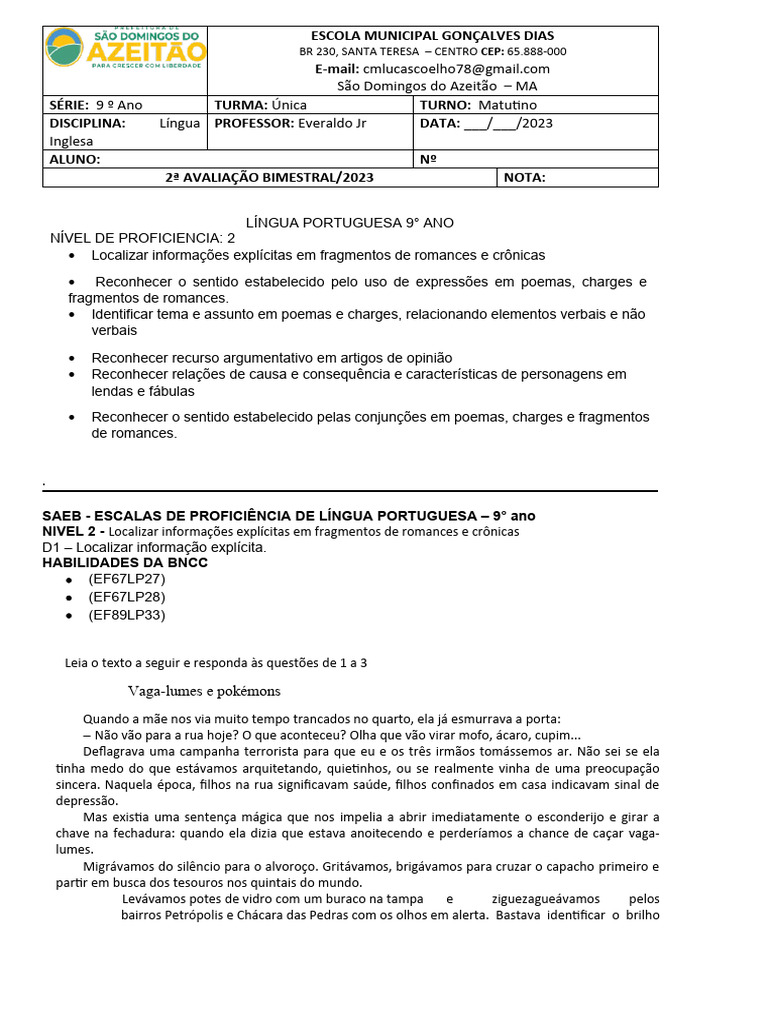 Prova de Ingles 9 Ano 2B | PDF