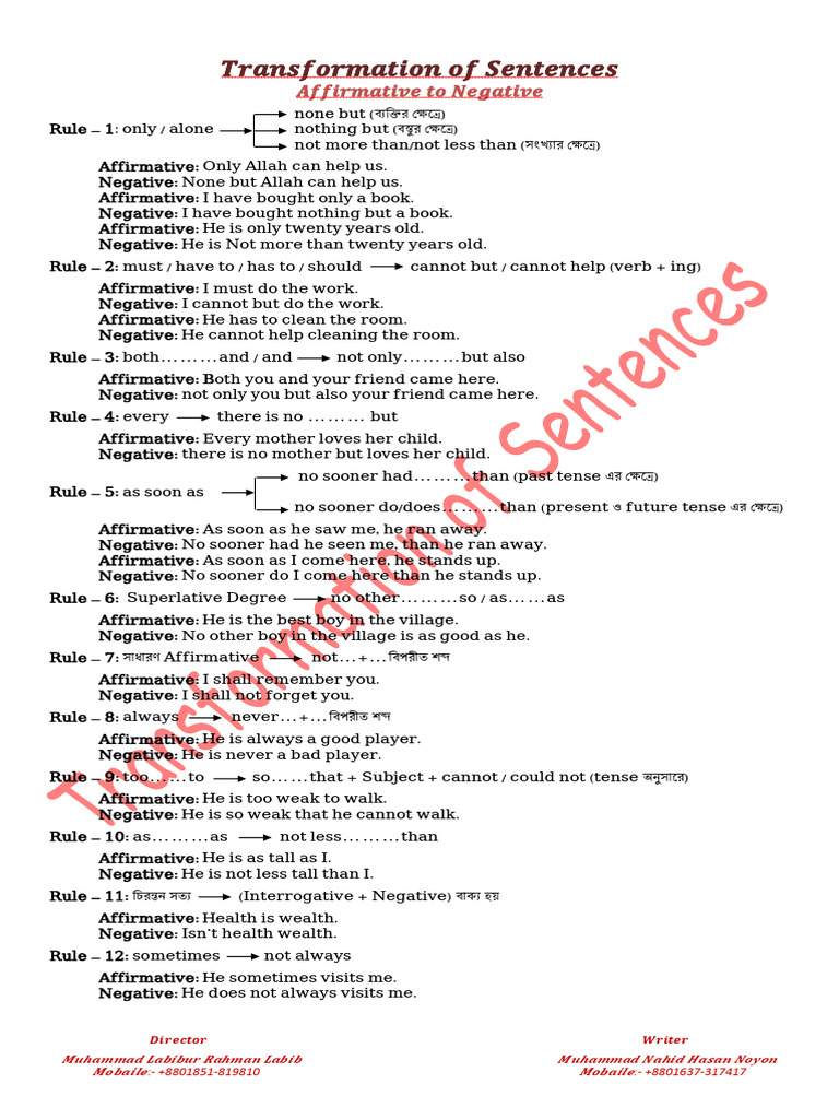 Transformation of Sentences | PDF | Subject (Grammar) | Verb