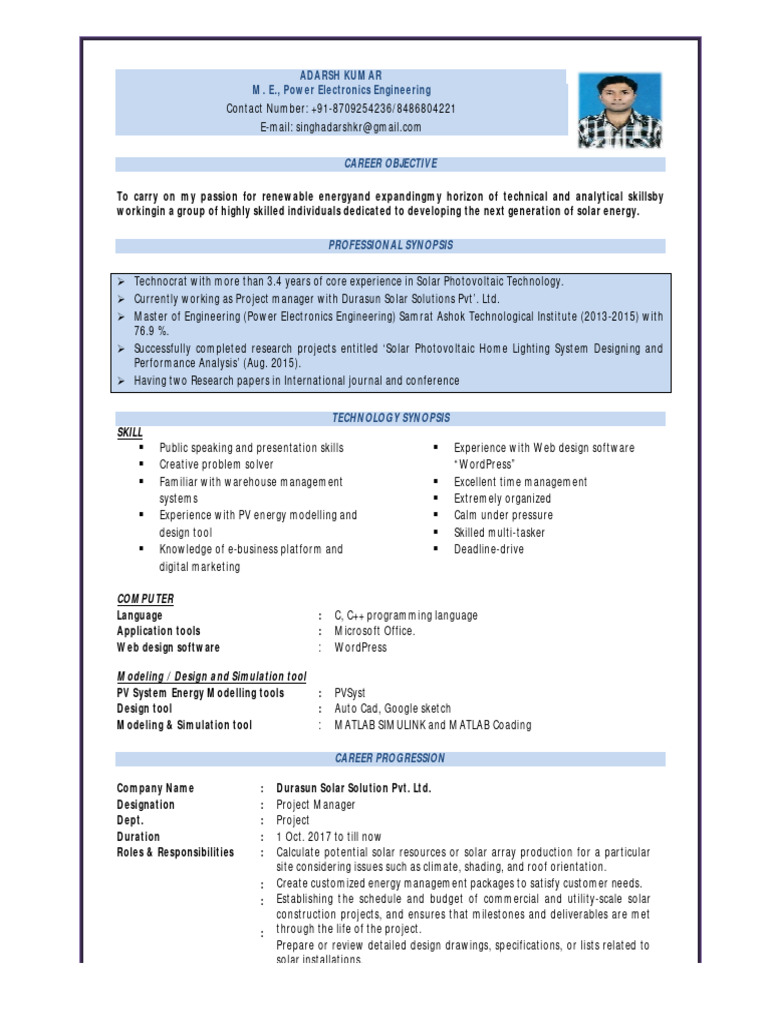 ADARSH Resume - P | PDF | Photovoltaics | Photovoltaic System ADARSH Resume - P | PDF | Photovoltaics | Photovoltaic System