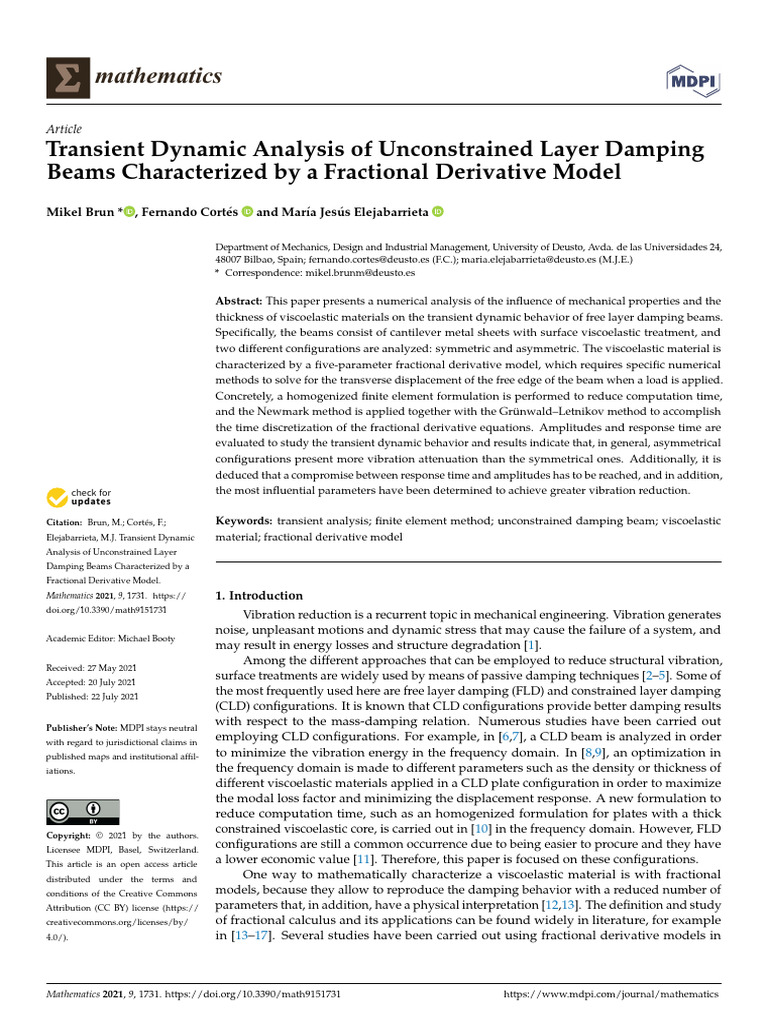 Transient Dynamic Analysis of Unconstrained Layer Damping Beams Characterized by A Fractional ...