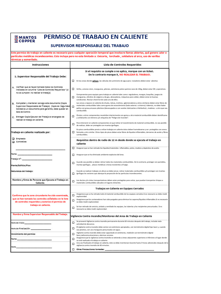 Formato Permiso de Trabajo en Caliente - CAPSTONE COPPER | PDF ...