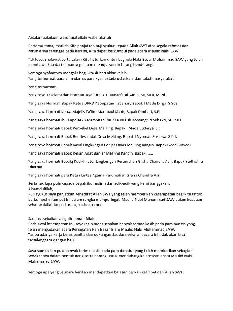 Teks Sambutan Ketua Pelaksana Maulid Nabi Muhammad Saw 1444 h | PDF