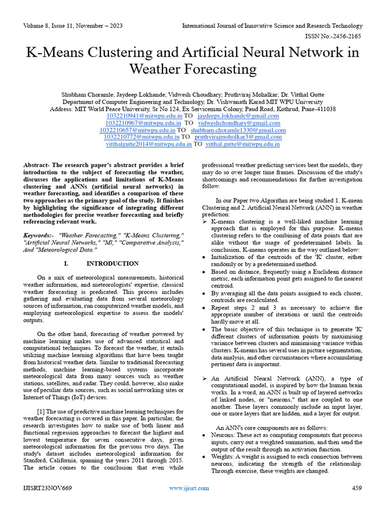 K-Means Clustering and Artificial Neural Network in Weather Forecasting | PDF | Cluster Analysis ...