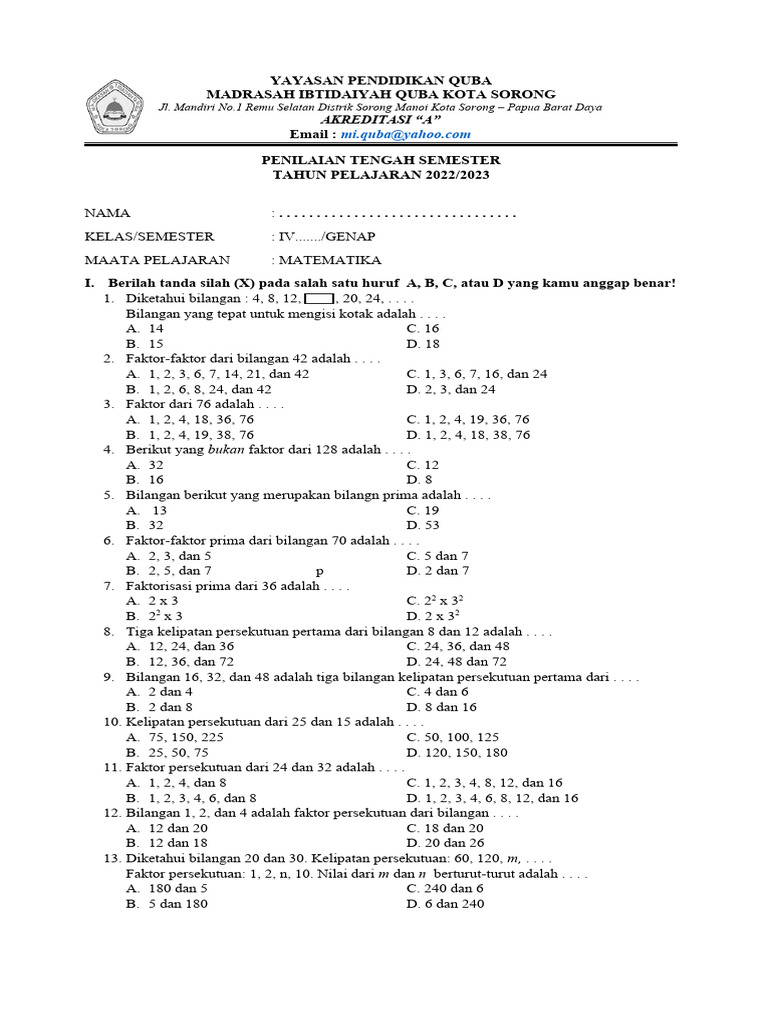Soal PTS MTK KLS 4 | PDF