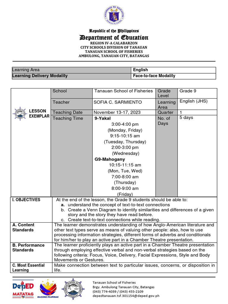 Text To Text Connection LP Grade 9 | PDF | Reading Comprehension ...