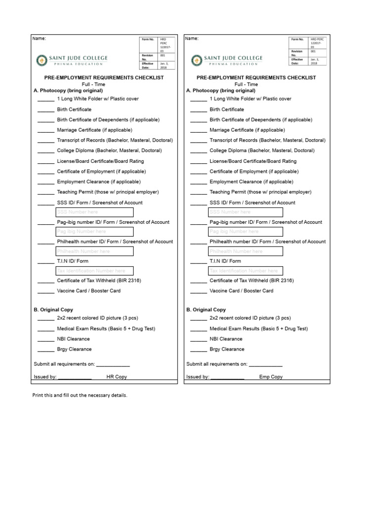 Pre-Employment Requirement Checklist - Full Time | Download Free PDF ...