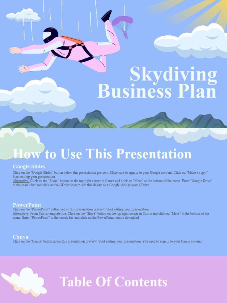 Skydiving Business Plan Blue and Pink Cool Illustrative Presentation ...