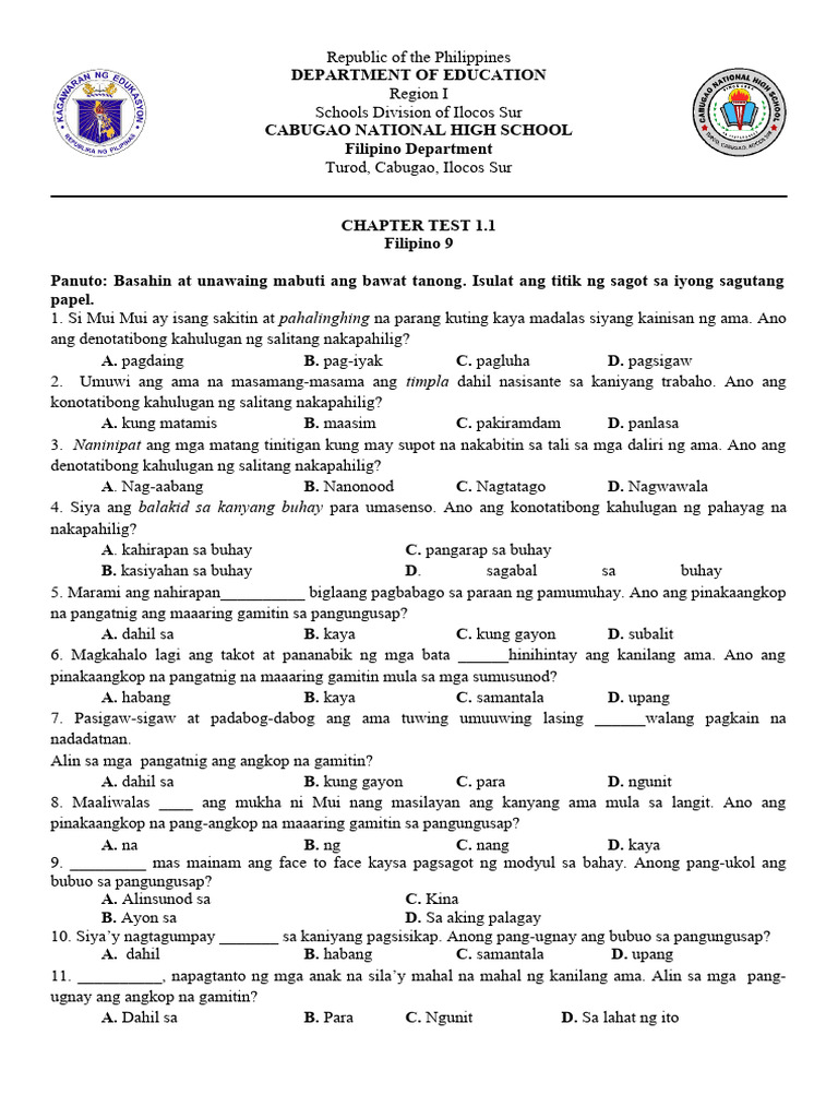 Chapter Test Filipino 9 q1 w1 | PDF