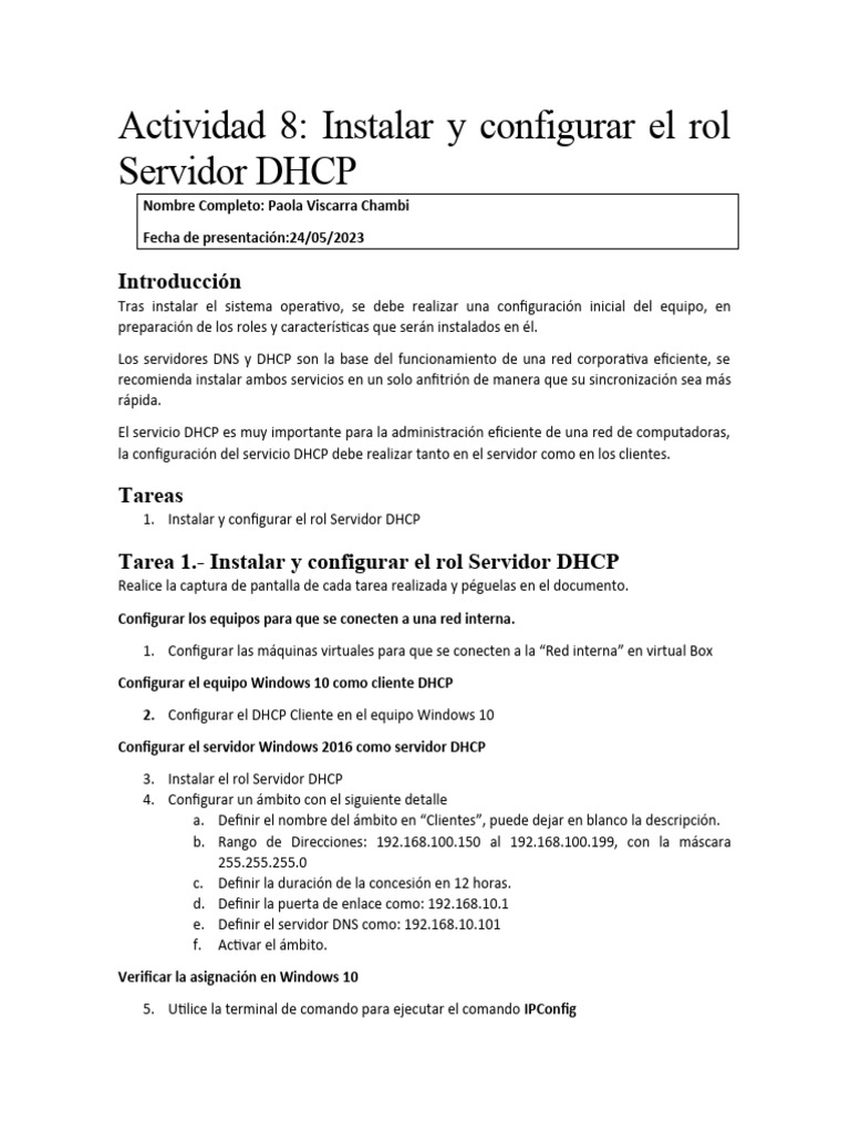 PAOLA VISCARRA-Actividad 08. Instalar y Configurar El Rol de Servidor Dhcp | PDF | Servidor ...