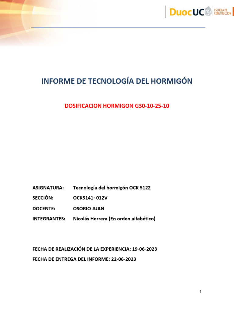 Informe Dosificacion Hormigon | PDF | Hormigón | Cemento