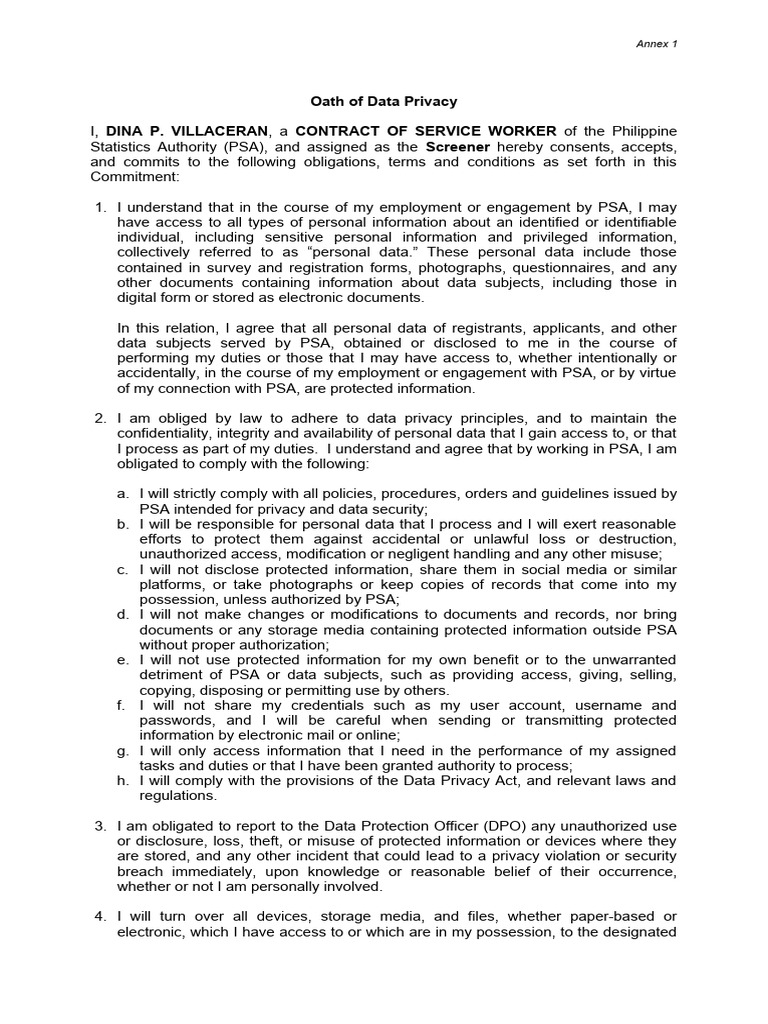 Data Privacy Oath for PSA Employees | PDF | Privacy | Information