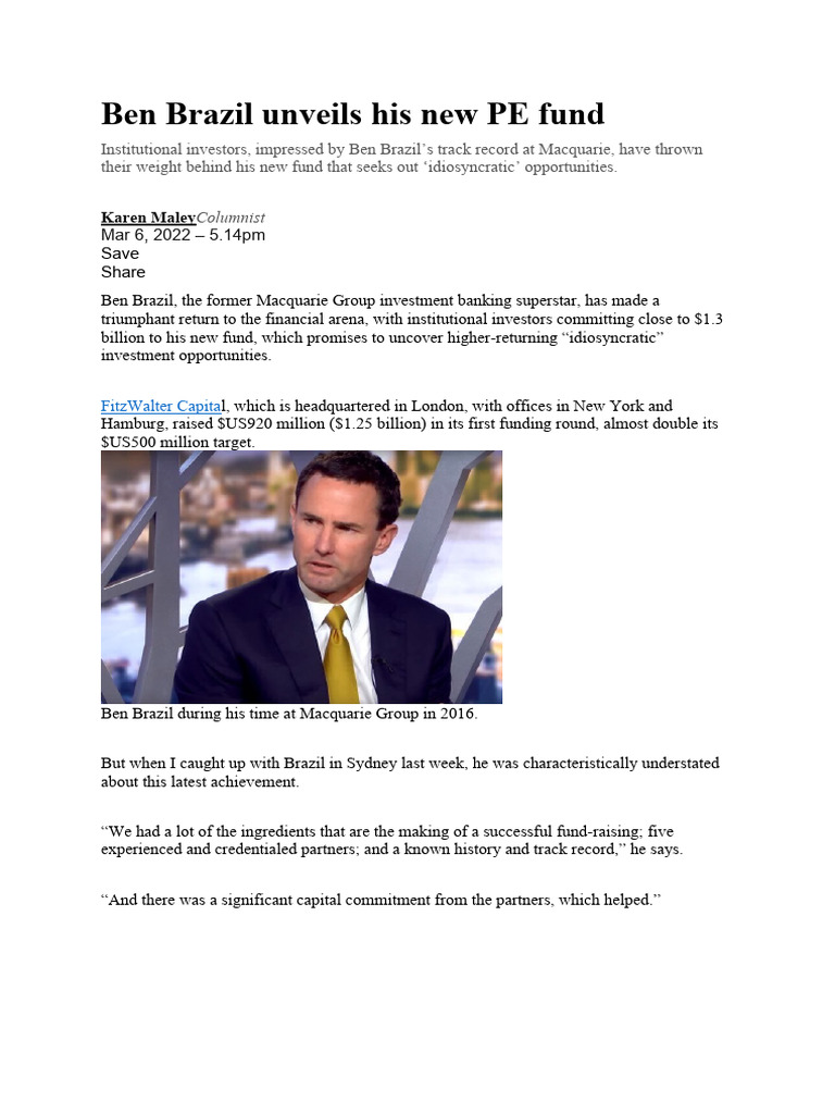Ben Brazil Launches New PE Fund | PDF | Business | Finance & Money ...