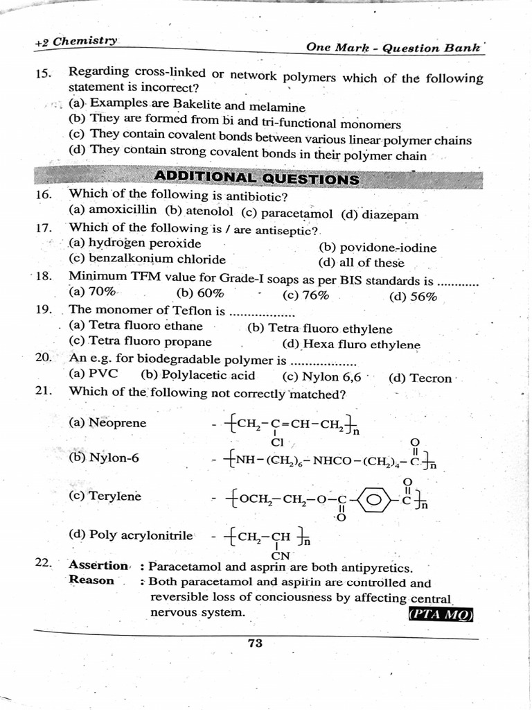 12 Chemistry One Marks With Additional Questions | PDF