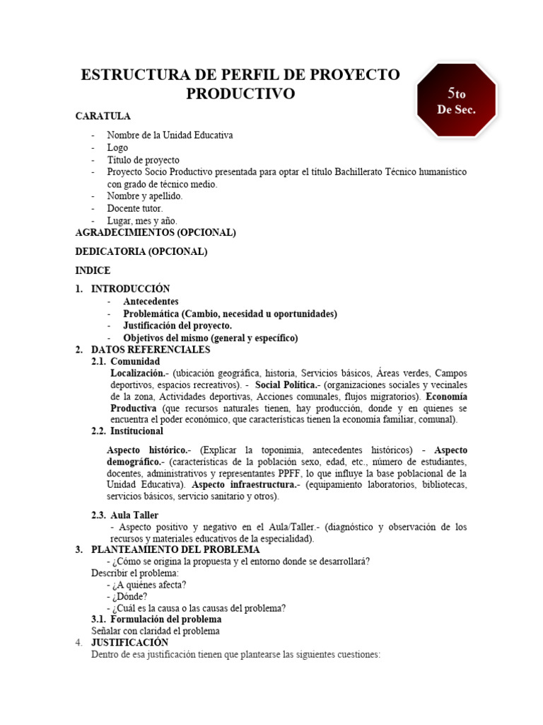 5to de Sec. Estructura de Perfil de Proyecto Productivo | PDF | Presupuesto