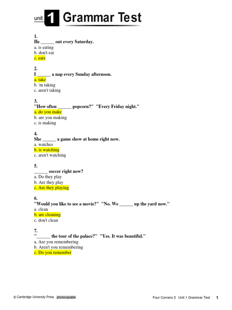 Four Corners 2e Level 3 Unit 01 Grammar Test-1 | PDF