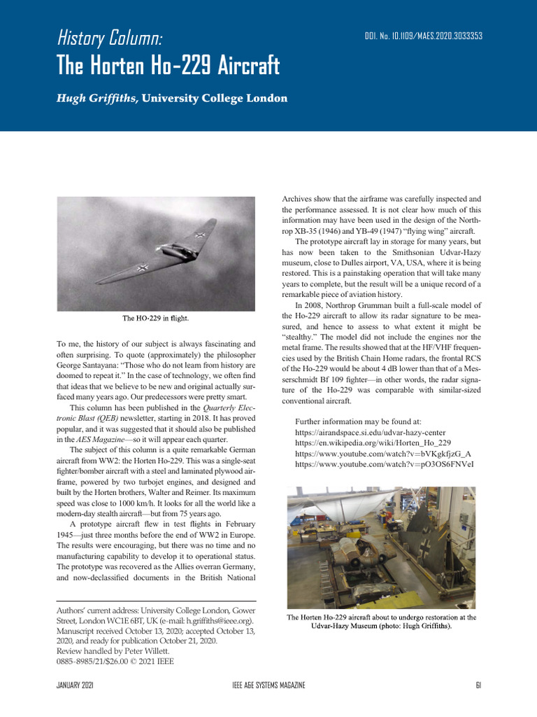 The Horten Ho-229 Aircraft History Column | PDF | Military Technology | Manufactured Goods