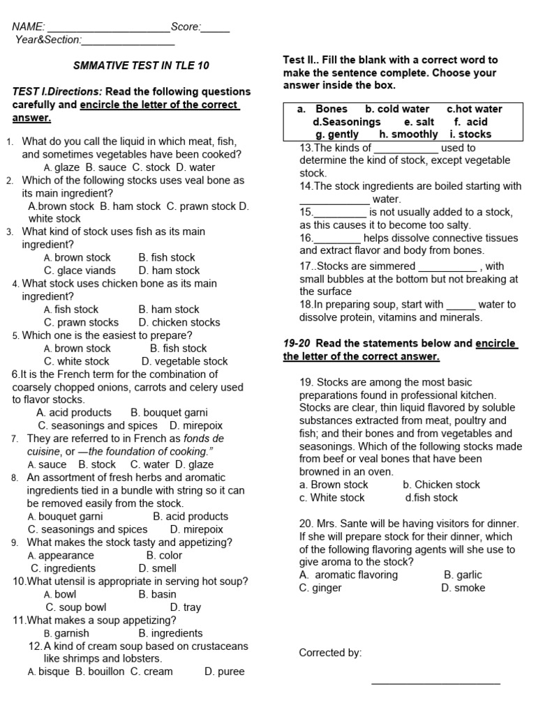Summative Test in TLE 10 3rd Quarter | PDF | Stock (Food) | Soup