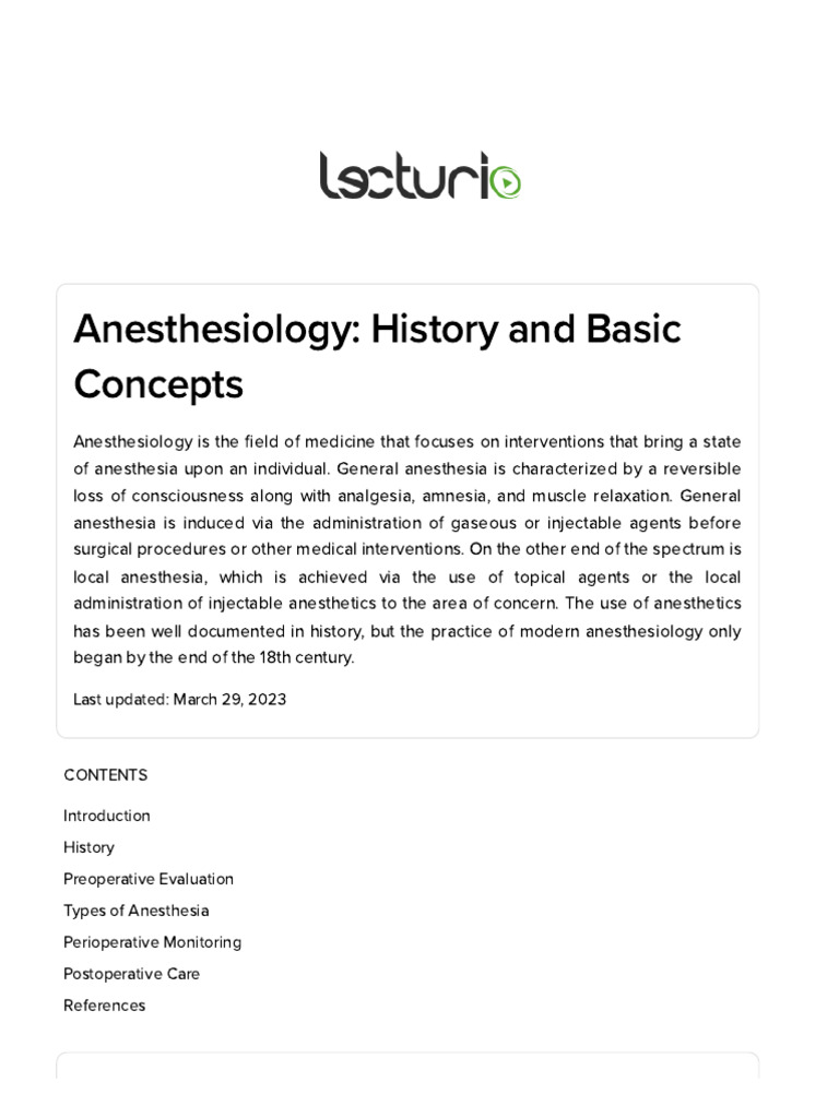 Anesthesiology - History and Basic Concepts - Lecturio | PDF | Anesthesia | Surgery