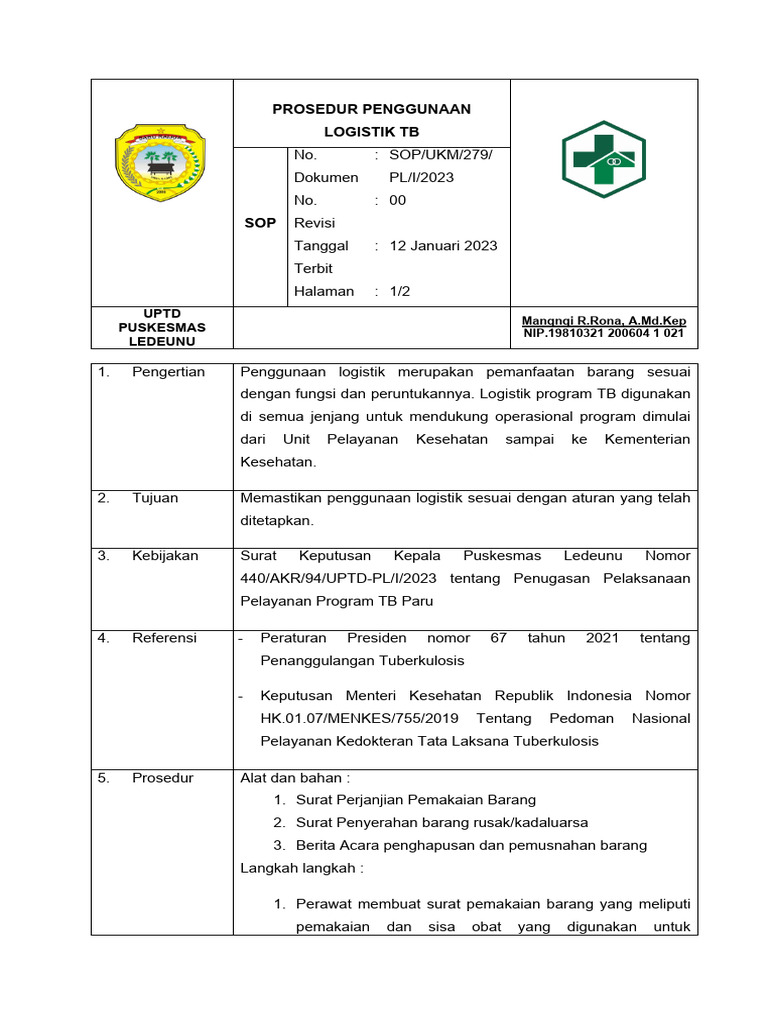 Sop - Prosedur Penggunaan Logistik TB | PDF