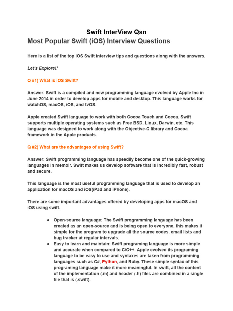 Swift Interview QSN | PDF | Swift (Programming Language) | Objective C Swift Interview QSN | PDF | Swift (Programming Language) | Objective C