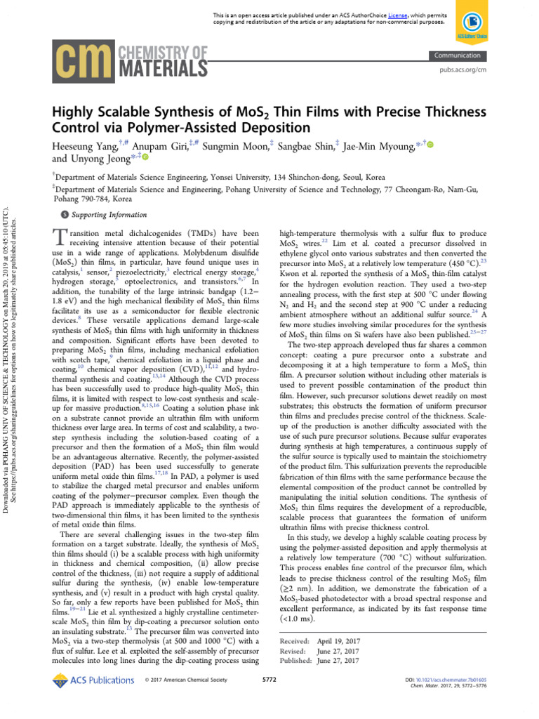Highly Scalable Synthesis of MoS2 Thin Films With Precise Thickness | PDF | Thin Film | Chemical ...