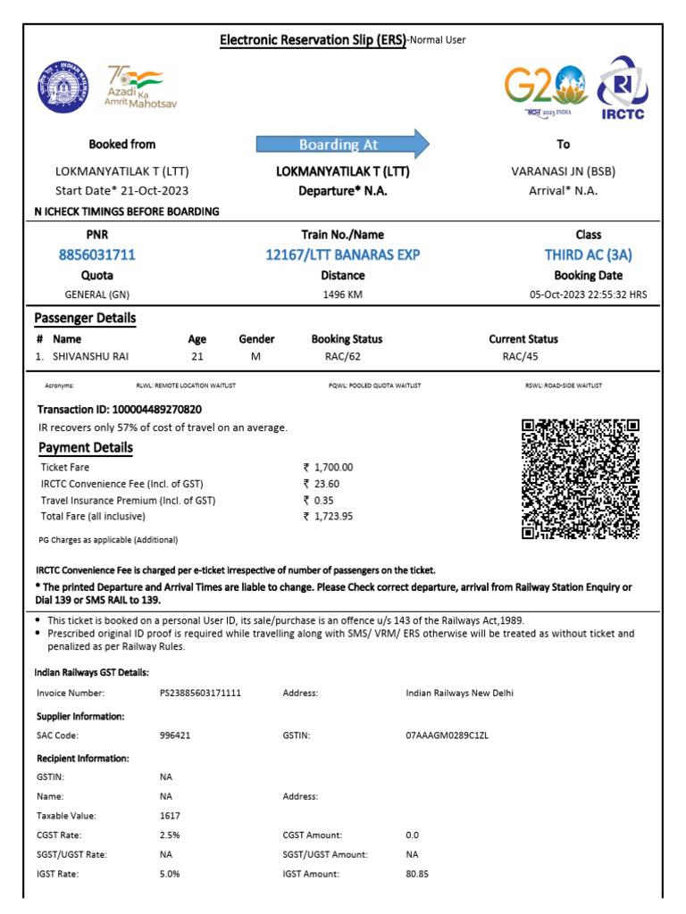 12167/Ltt Banaras Exp Third Ac (3A) | PDF | Identity Document