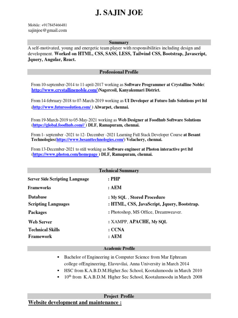 Sajinjoe Resume | PDF | Bootstrap (Front End Framework) | World Wide Web