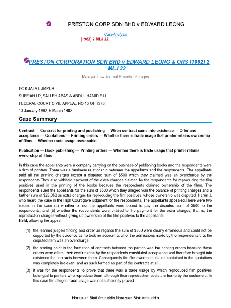 PRESTON CORPORATION SDN BHD V EDWARD LEONG & ORS, (1982) 2 MLJ 22 | PDF ...